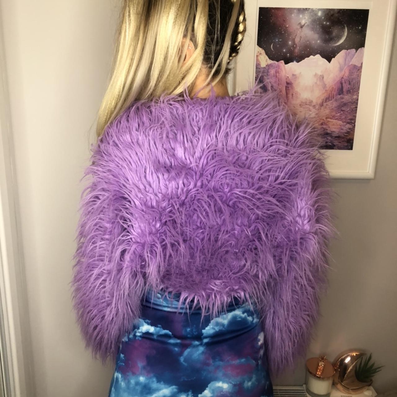 Lilac purple fluffy shrug festival faux fur jacket... - Depop