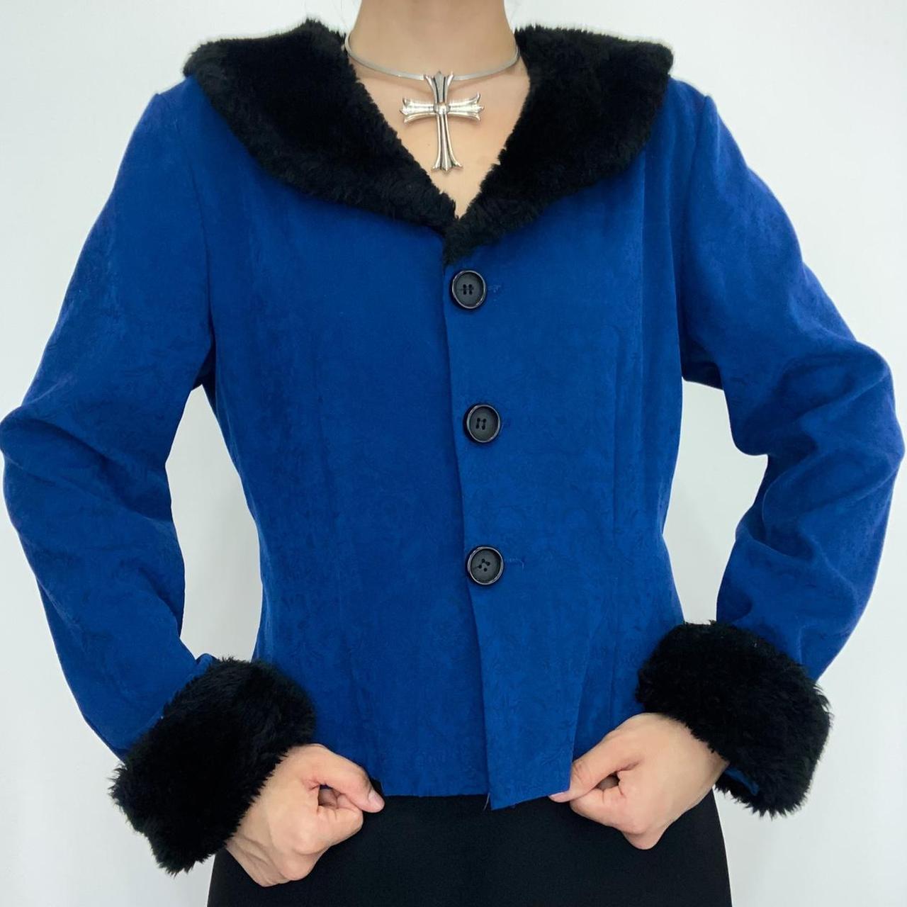 Blue fur trimmed jacket Deep blue patterned jacket... - Depop