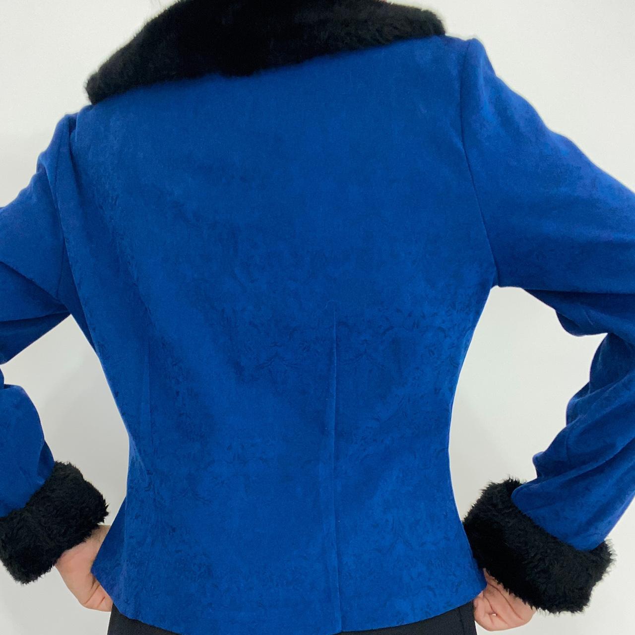 Blue fur trimmed jacket Deep blue patterned jacket... - Depop