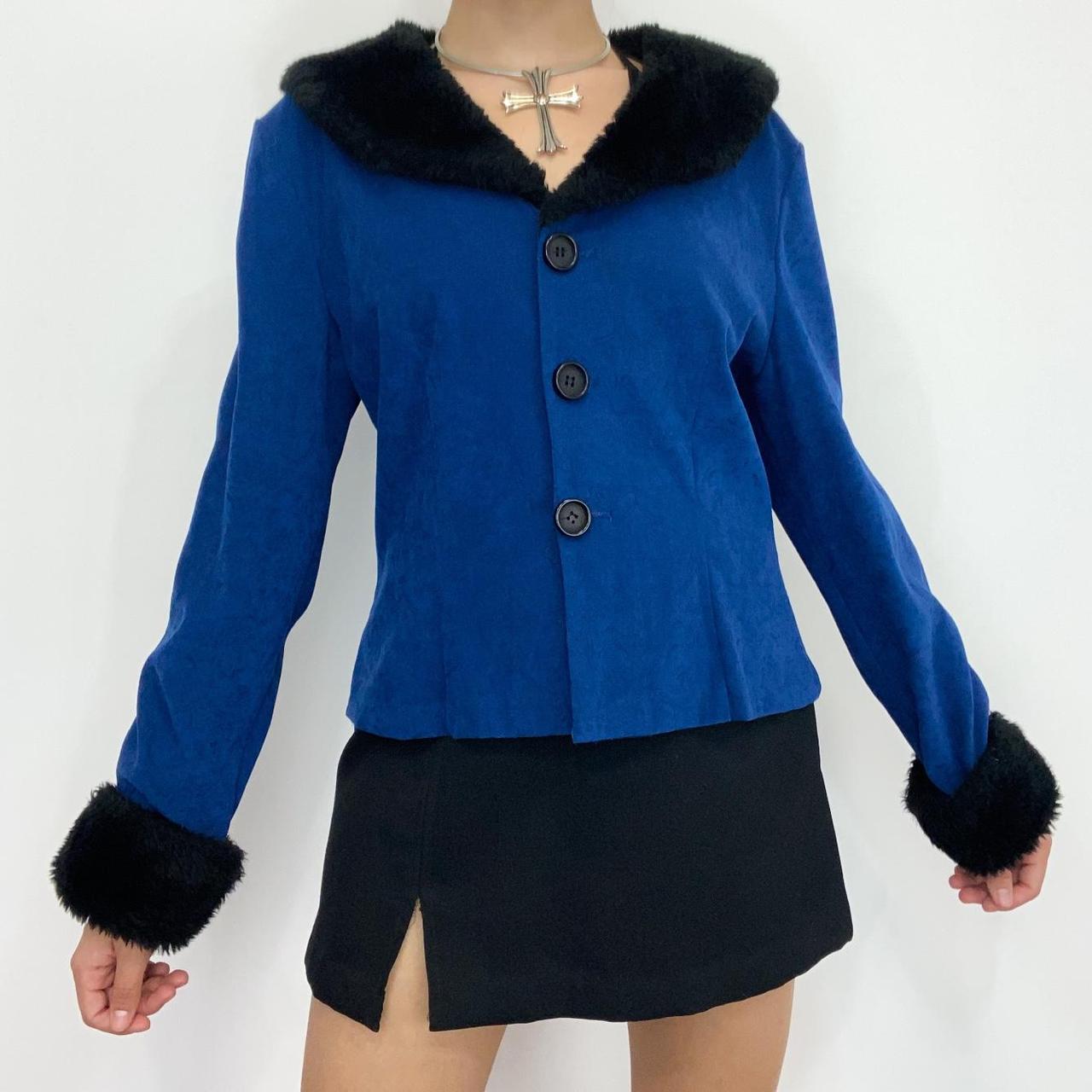 Blue fur trimmed jacket Deep blue patterned jacket... - Depop