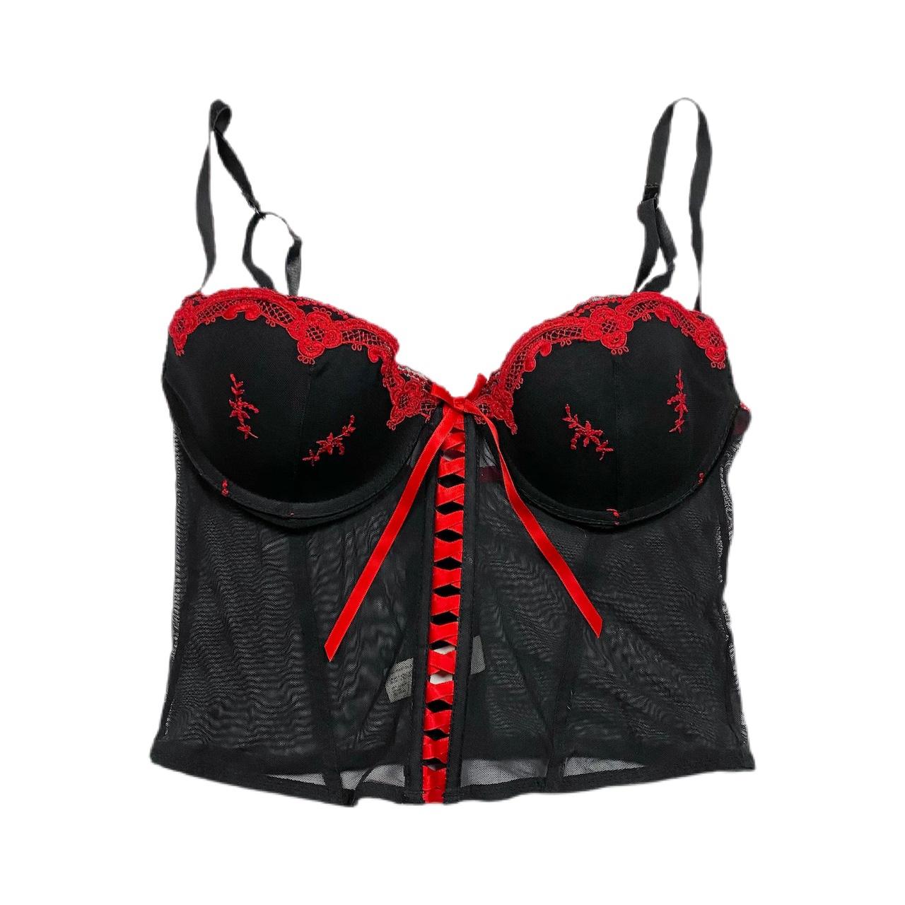 ️ Red and black bustier top ️ Black mesh and red... - Depop