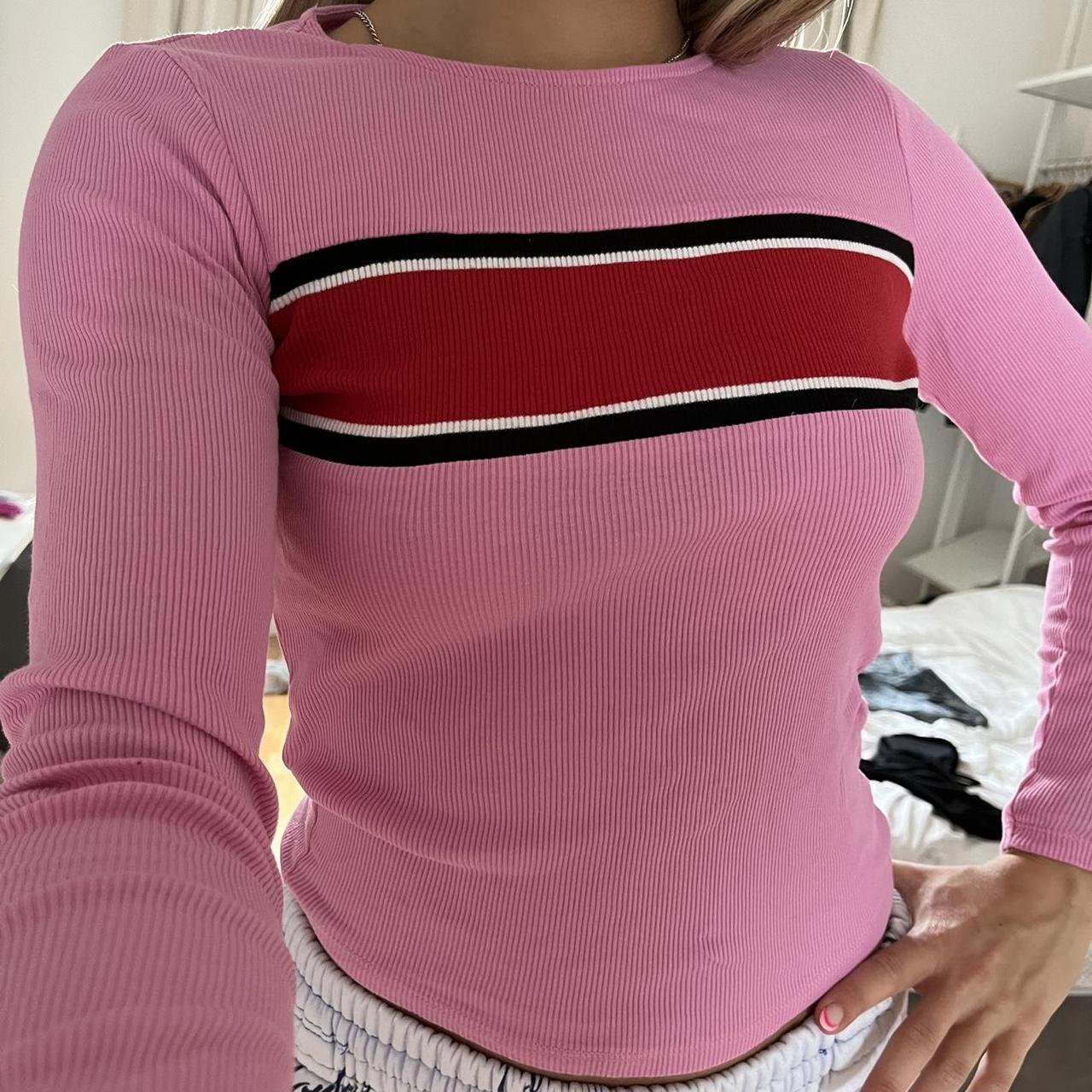 Cute pink long sleeve top with red stripe... - Depop