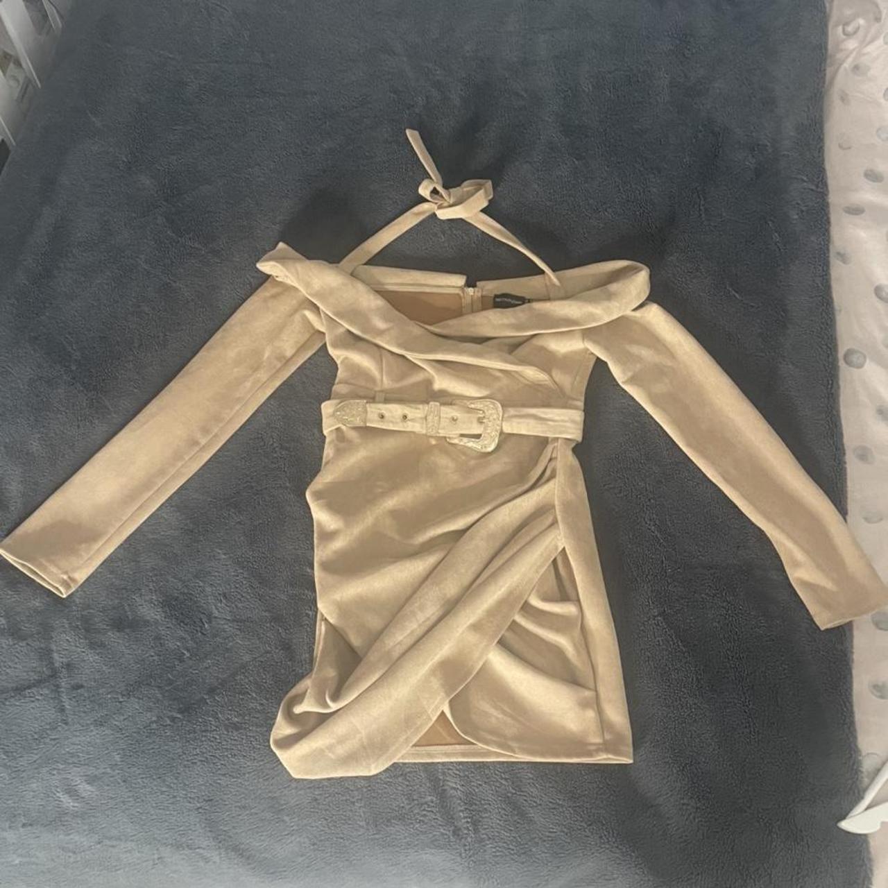 PLT beige Bardot dress with halter neck tie and... - Depop