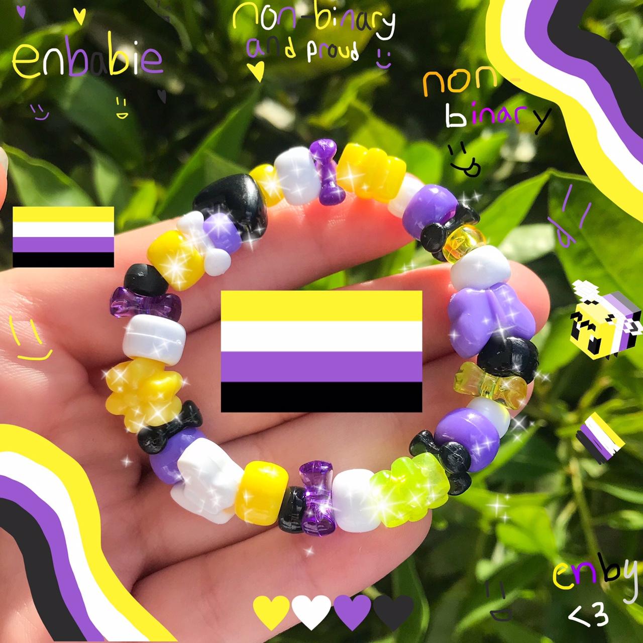 NON-BINARY PRIDE BEAD BRACELET ♡ 💛🤍💜🖤 about 6"... - Depop