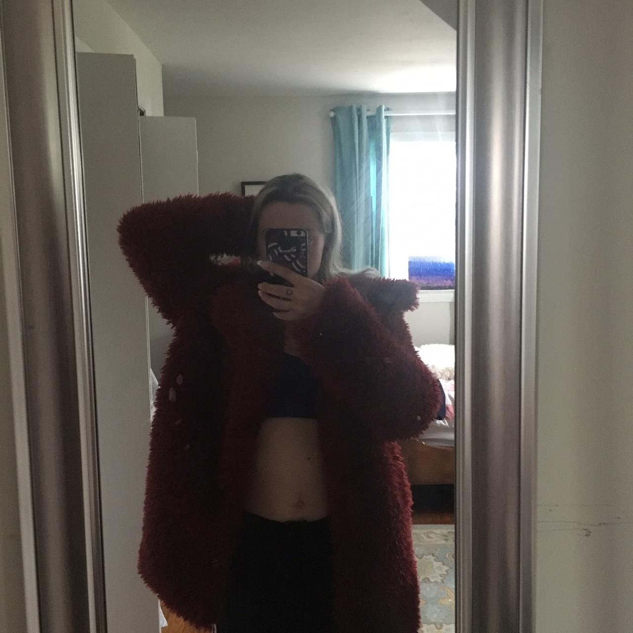 Fuzzy maroon dark red teddy coat Purchased from... - Depop