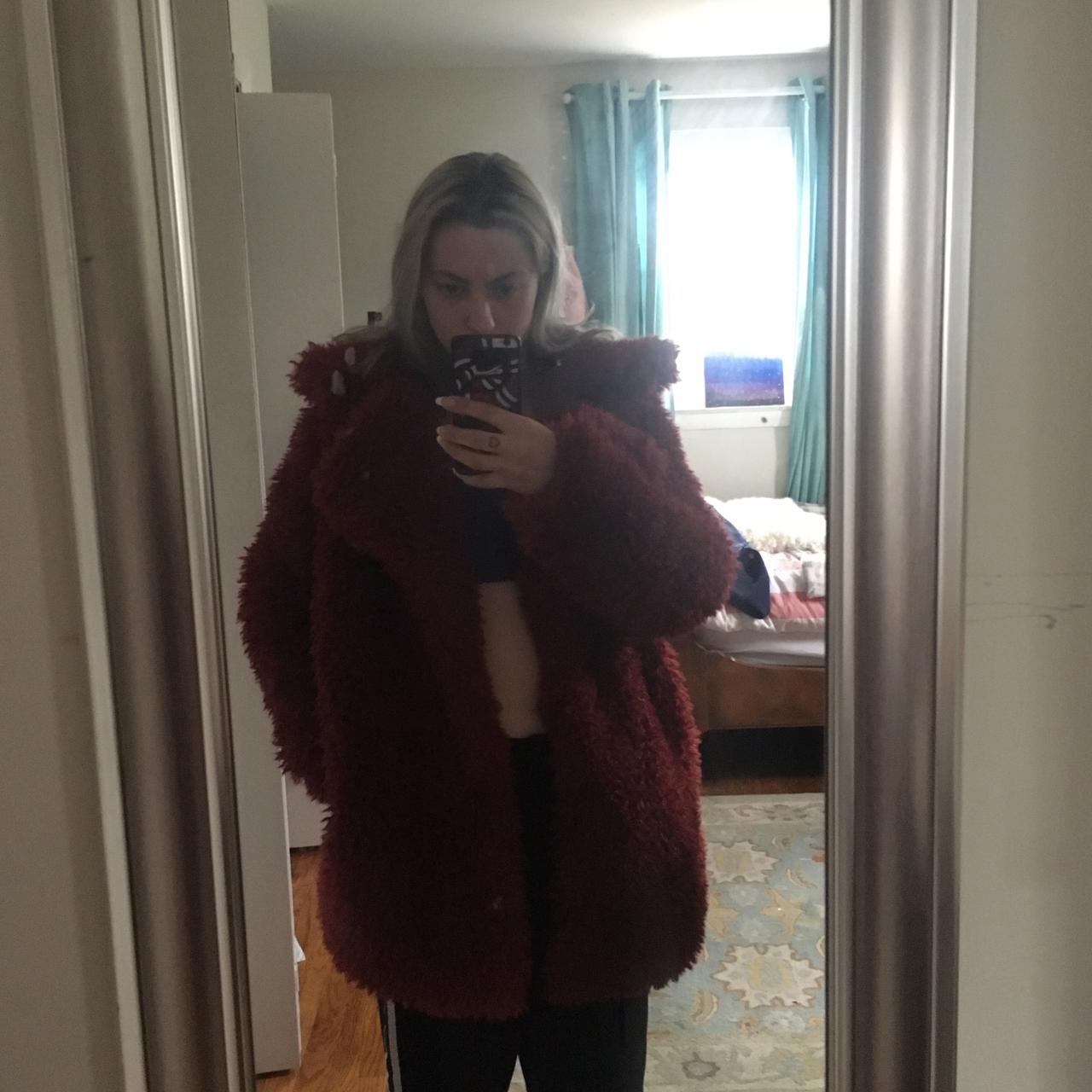 Fuzzy maroon dark red teddy coat Purchased from... - Depop