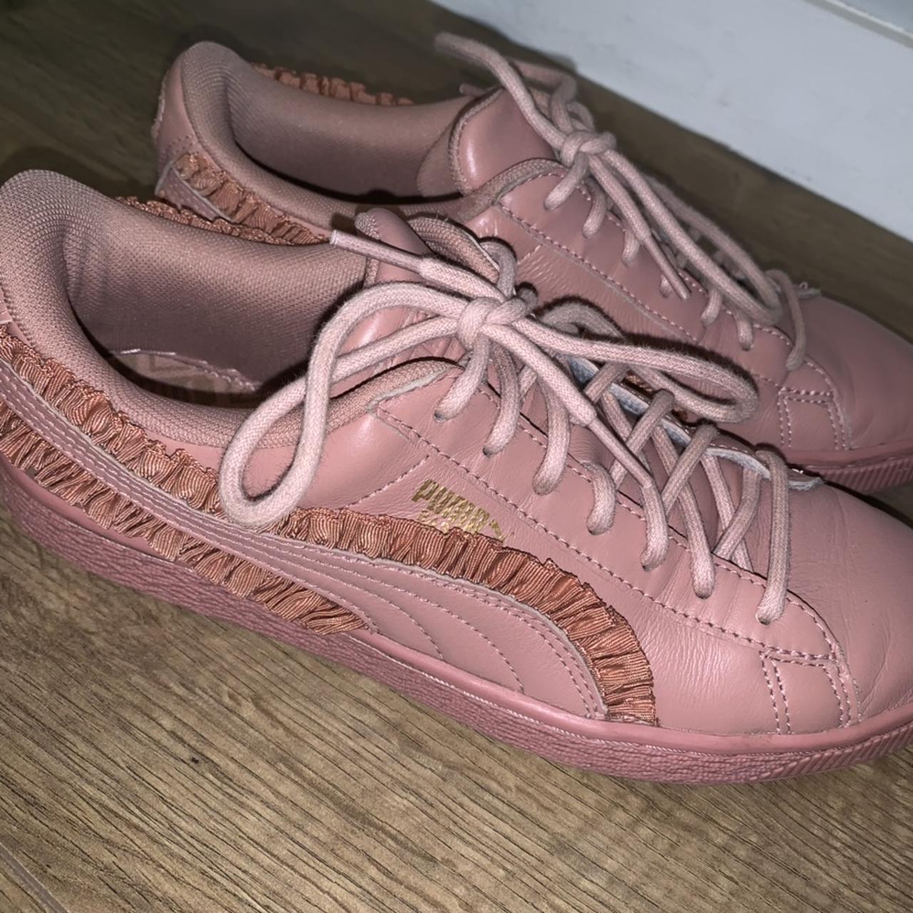 Pink leather Puma basket sneakers with ruffle... - Depop
