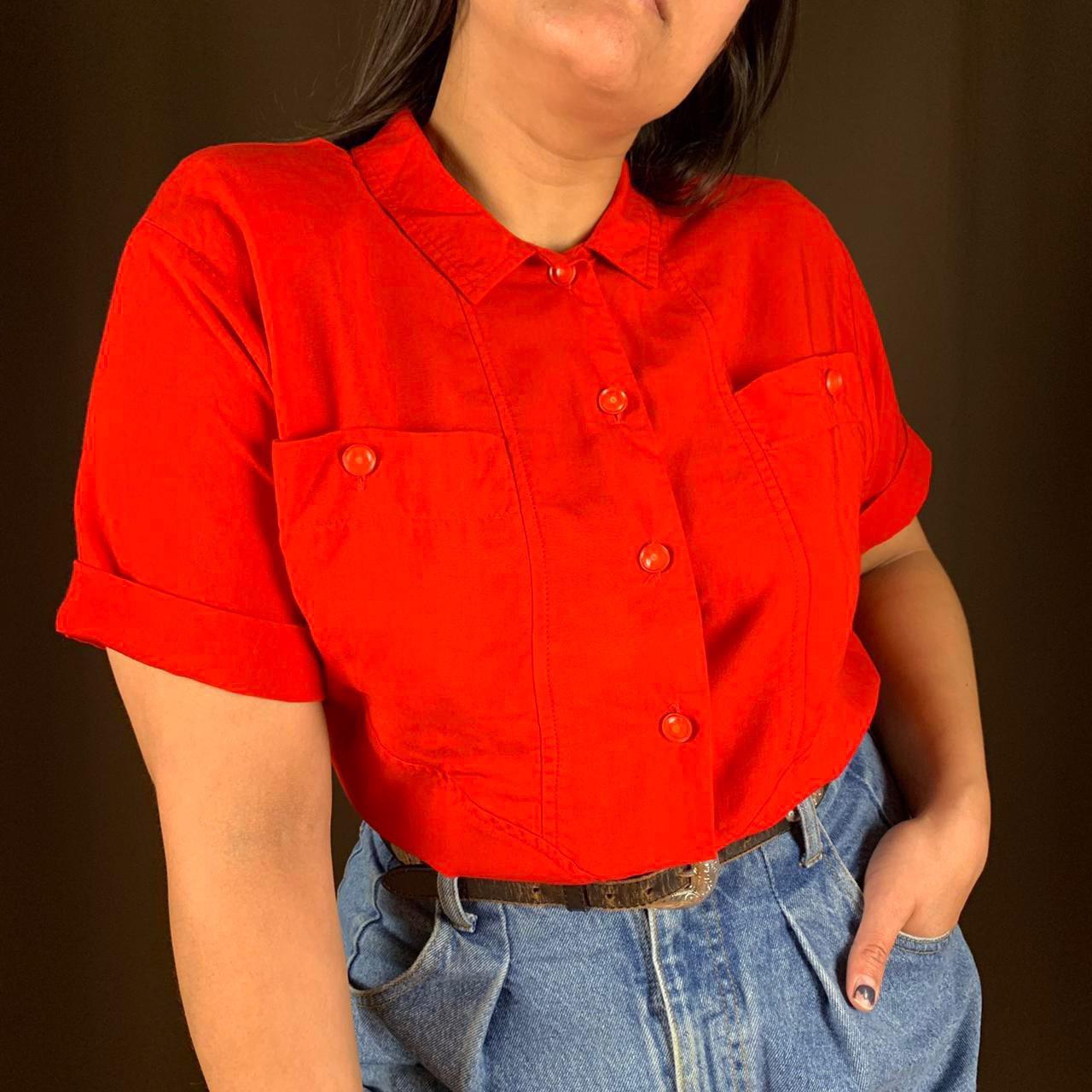 Vintage 70s/ 80s Solid Cherry Red Short Sleeve... - Depop