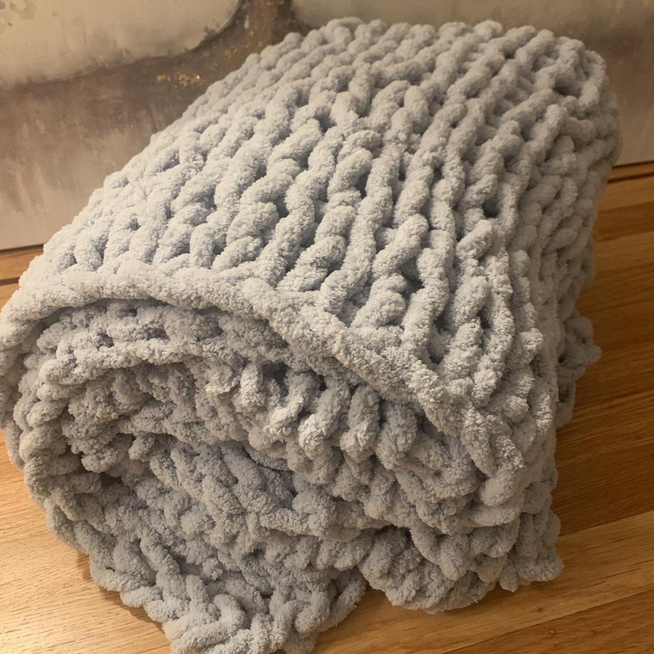 HANDMADE Light Blue Grey Chunky Knit Throw... - Depop