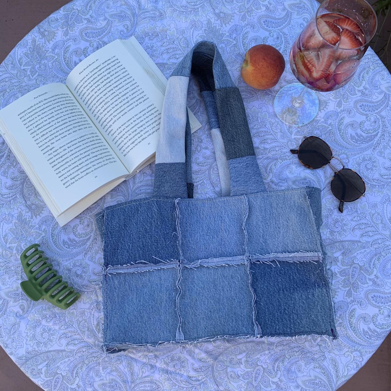 patchwork denim purse pink silk lining with... - Depop