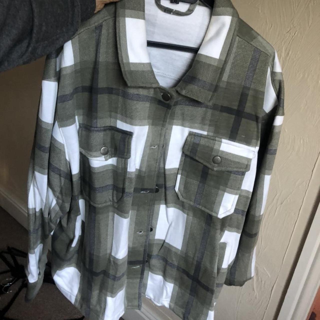 Green and white plaid check shacket jacket size M - Depop