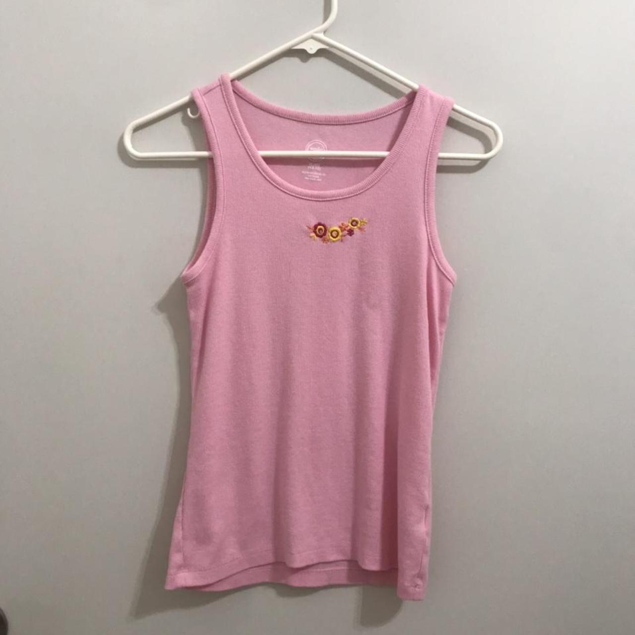 Pastel pink ribbed wife beater with flower... - Depop