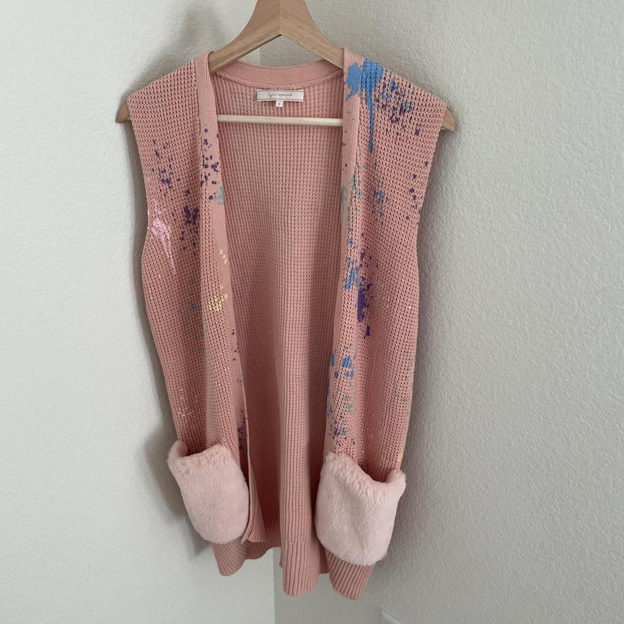 Open knit vest with paint stain design and faux fur... - Depop
