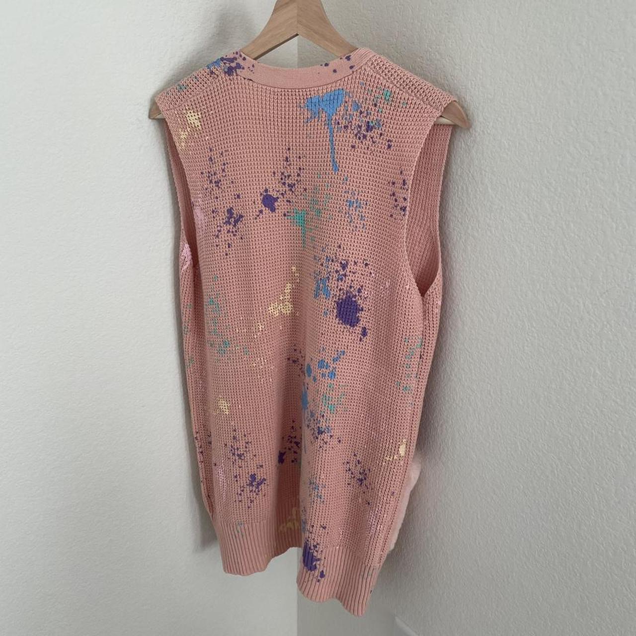 Open knit vest with paint stain design and faux fur... - Depop