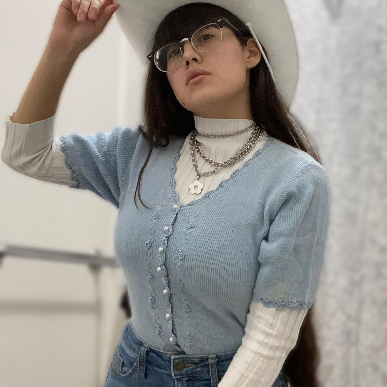 Light blue knit blouse Light blue button up knit... - Depop