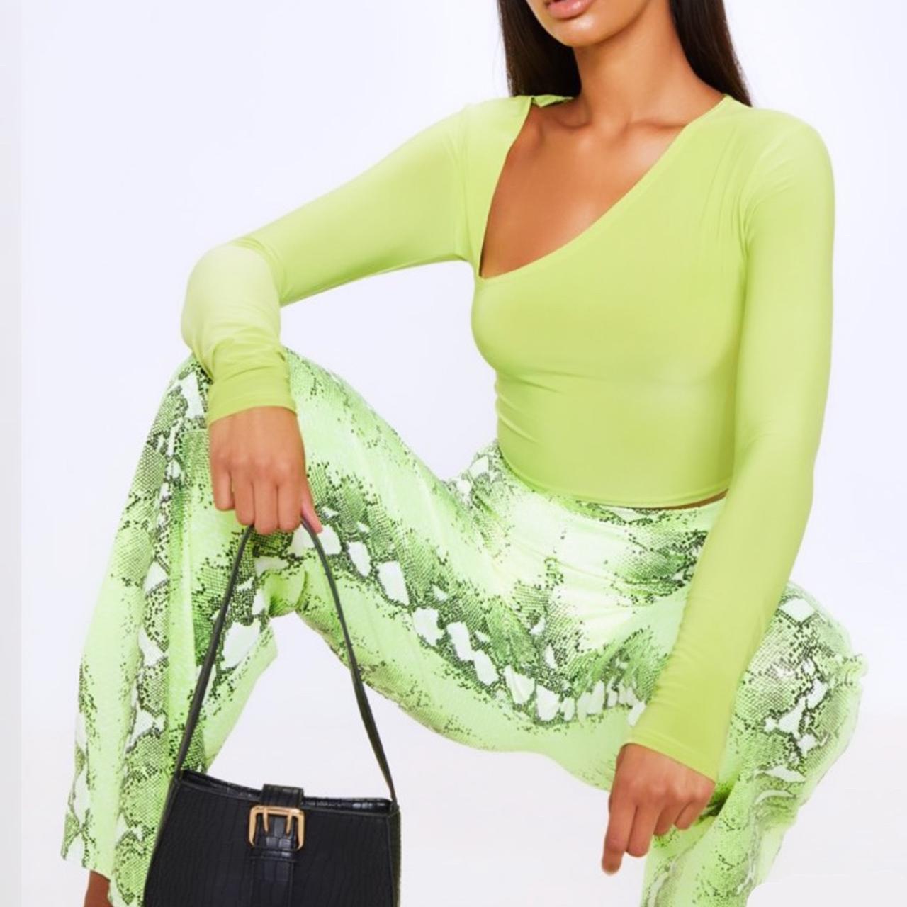 PLT Neon Green Asymmetrical Long Sleeve Crop... - Depop