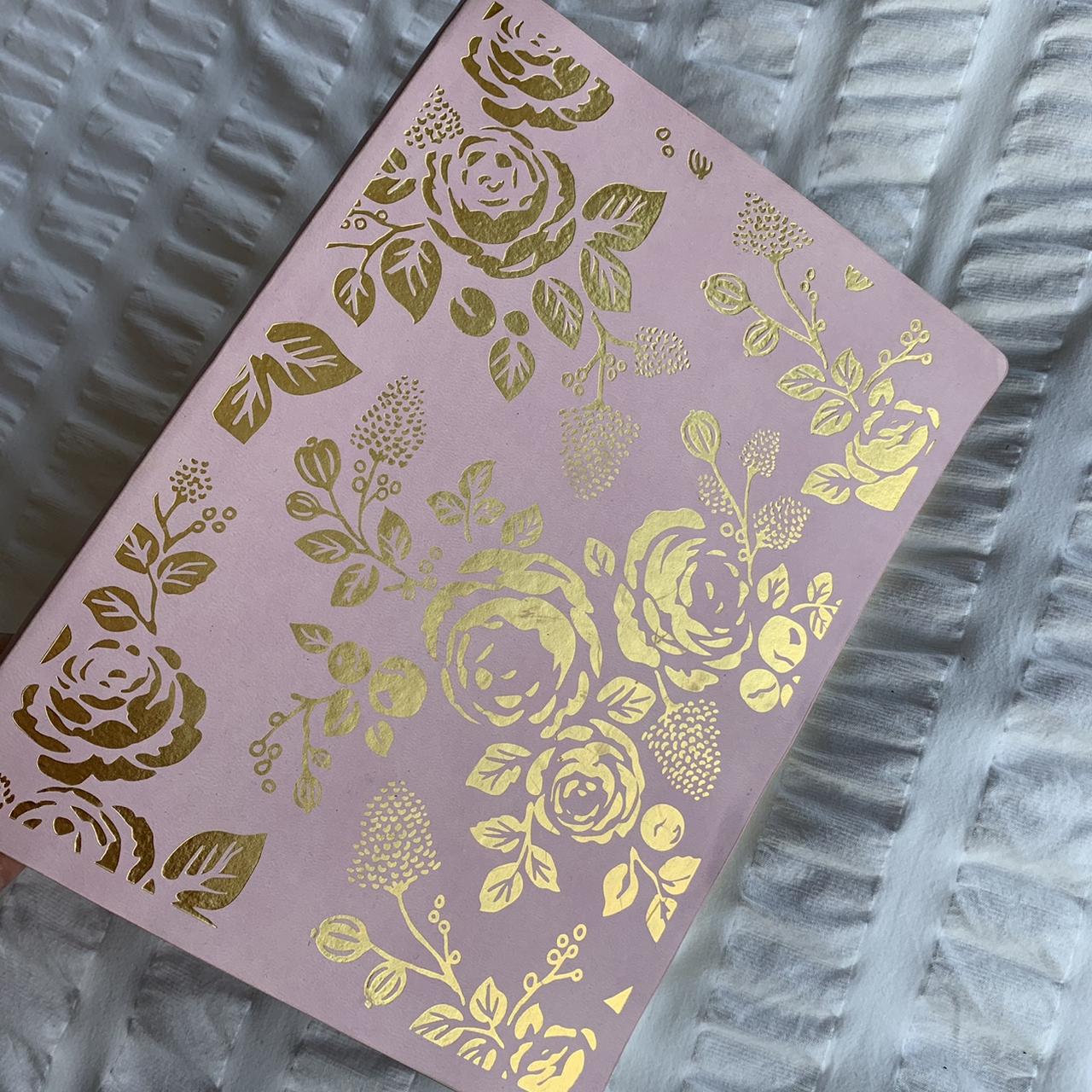 Pink and gold floral leather bound notebook, brand... - Depop