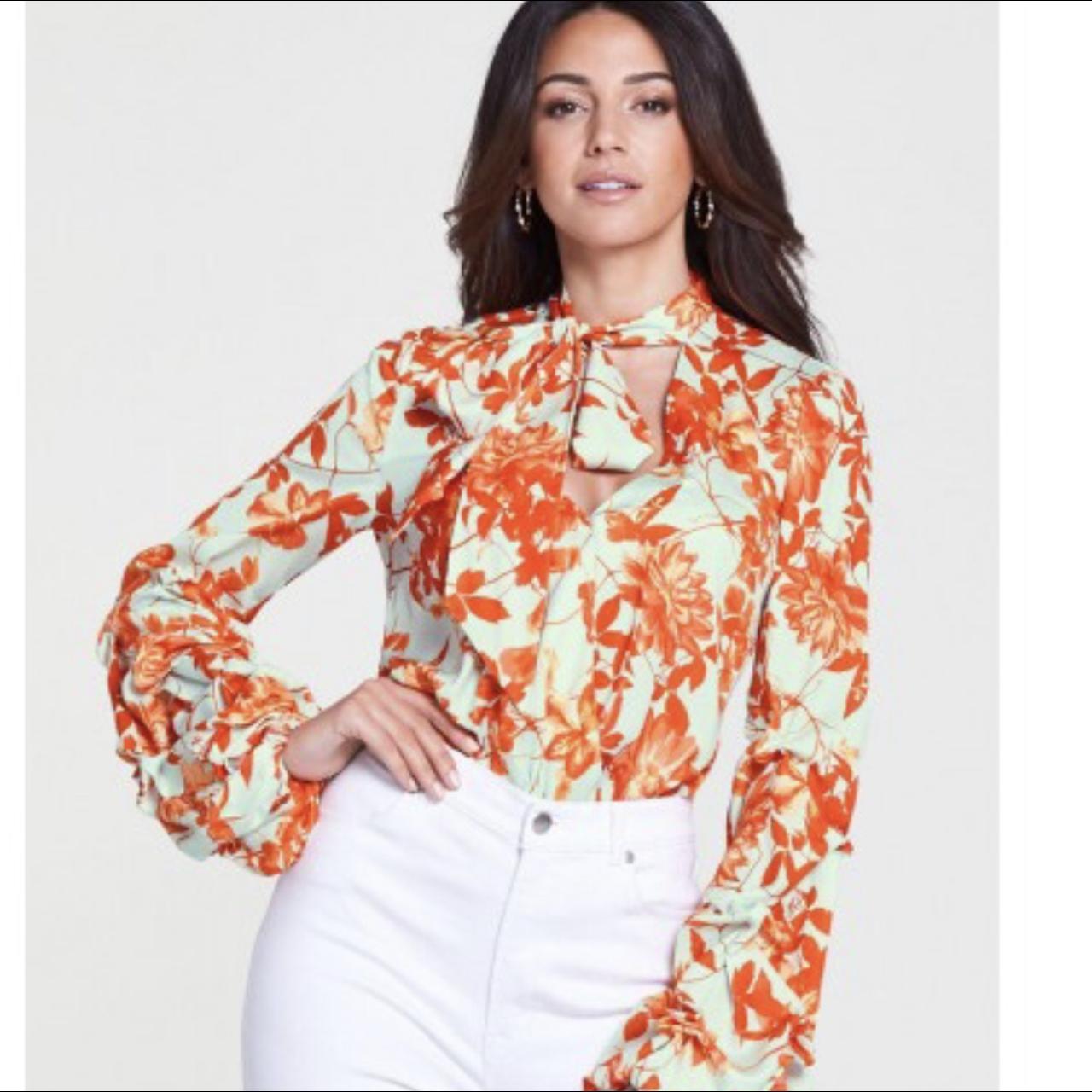 Floral pastel blue and orange blouse bodysuit by... - Depop