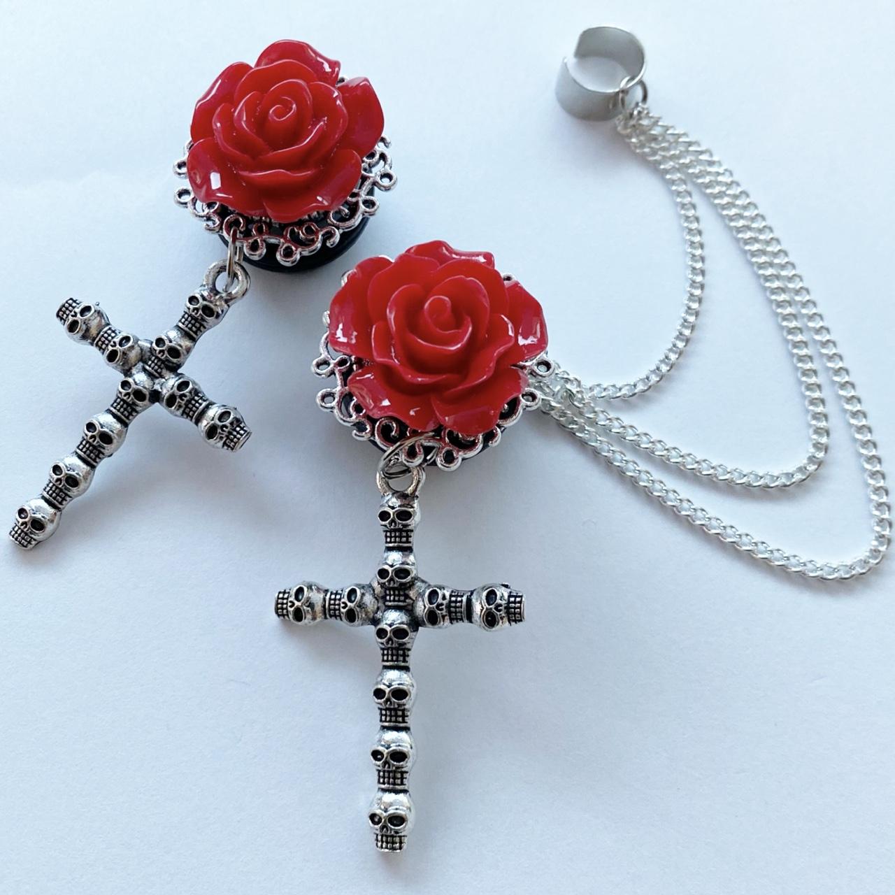 Red Skulls Cross ear cuff Dangle Earrings Plugs... - Depop