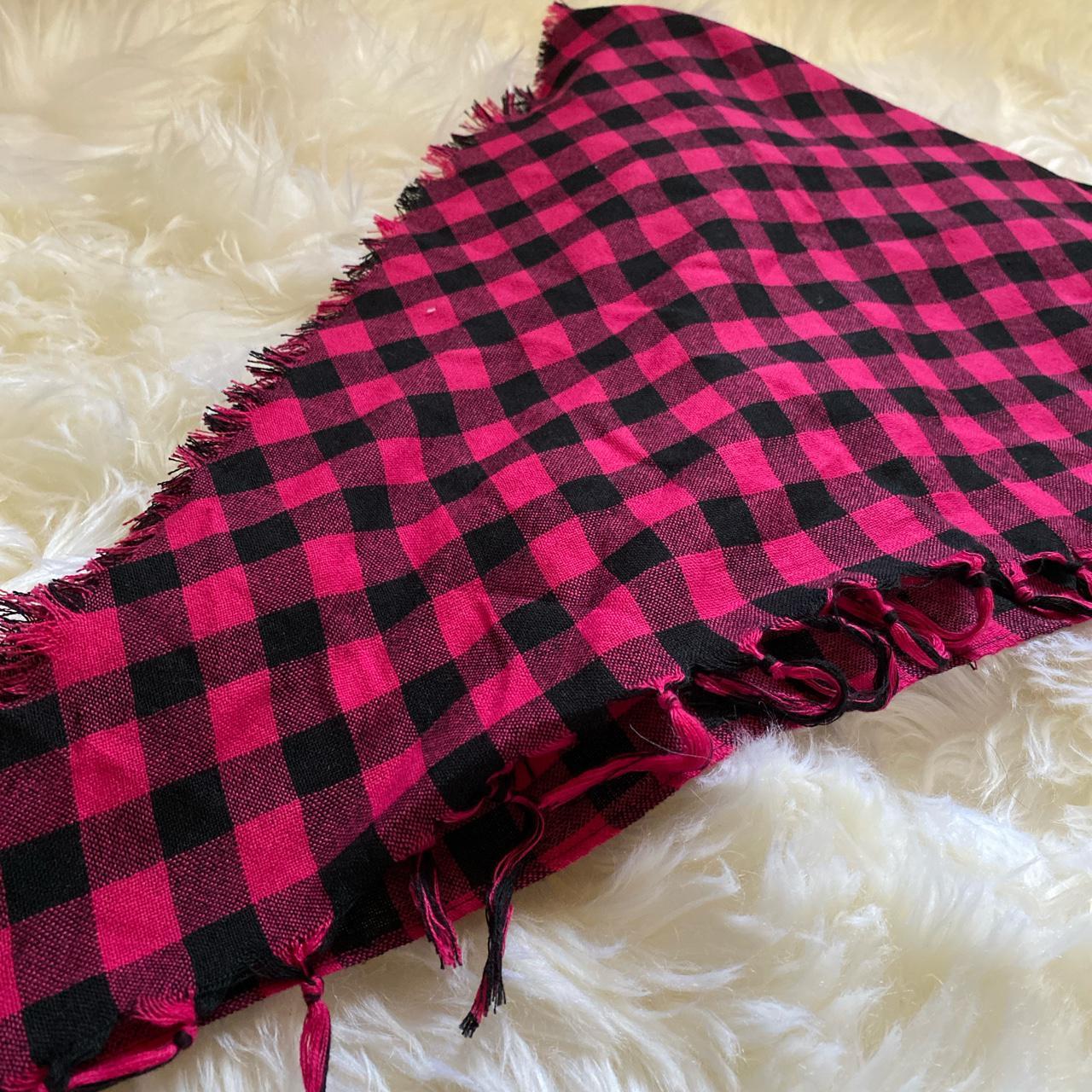 Pink and black plaid triangle scarf with fringe... | Depop