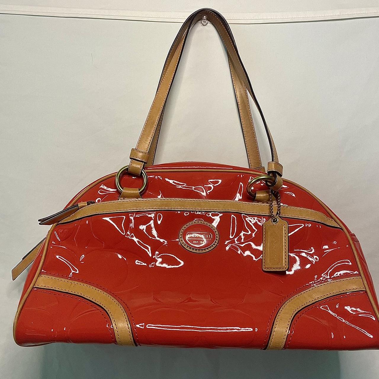 Coach shoulder bag, bright red orange color, shiny... - Depop