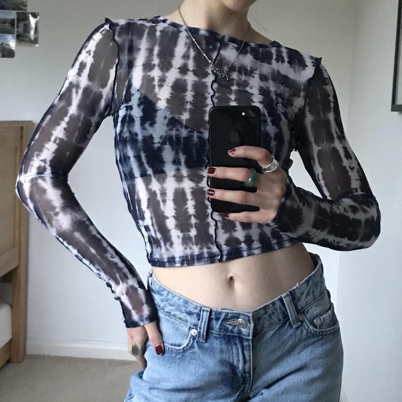 mesh long sleeve cropped tie dye top from Urban... - Depop