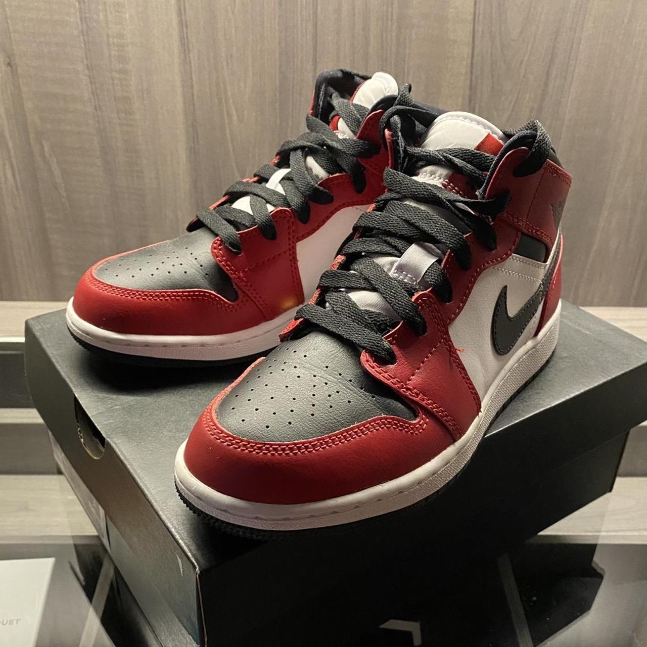 AJ 1 Mid Chicago. Black/GymRed. Size 4Y (UK3.5... - Depop