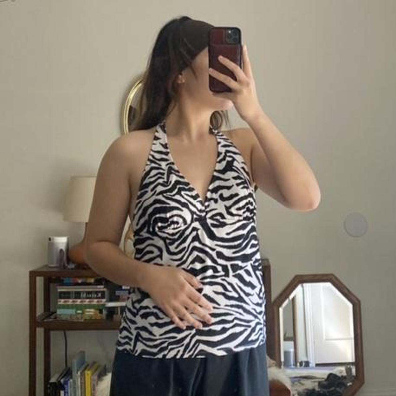 funky groovy zebra-print halter swim top — cute as a... - Depop