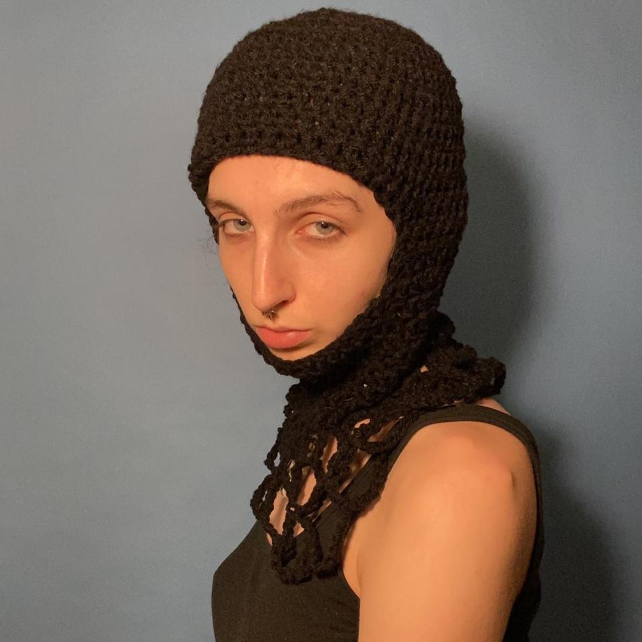 free hand black abstract crochet balaclava one of... - Depop