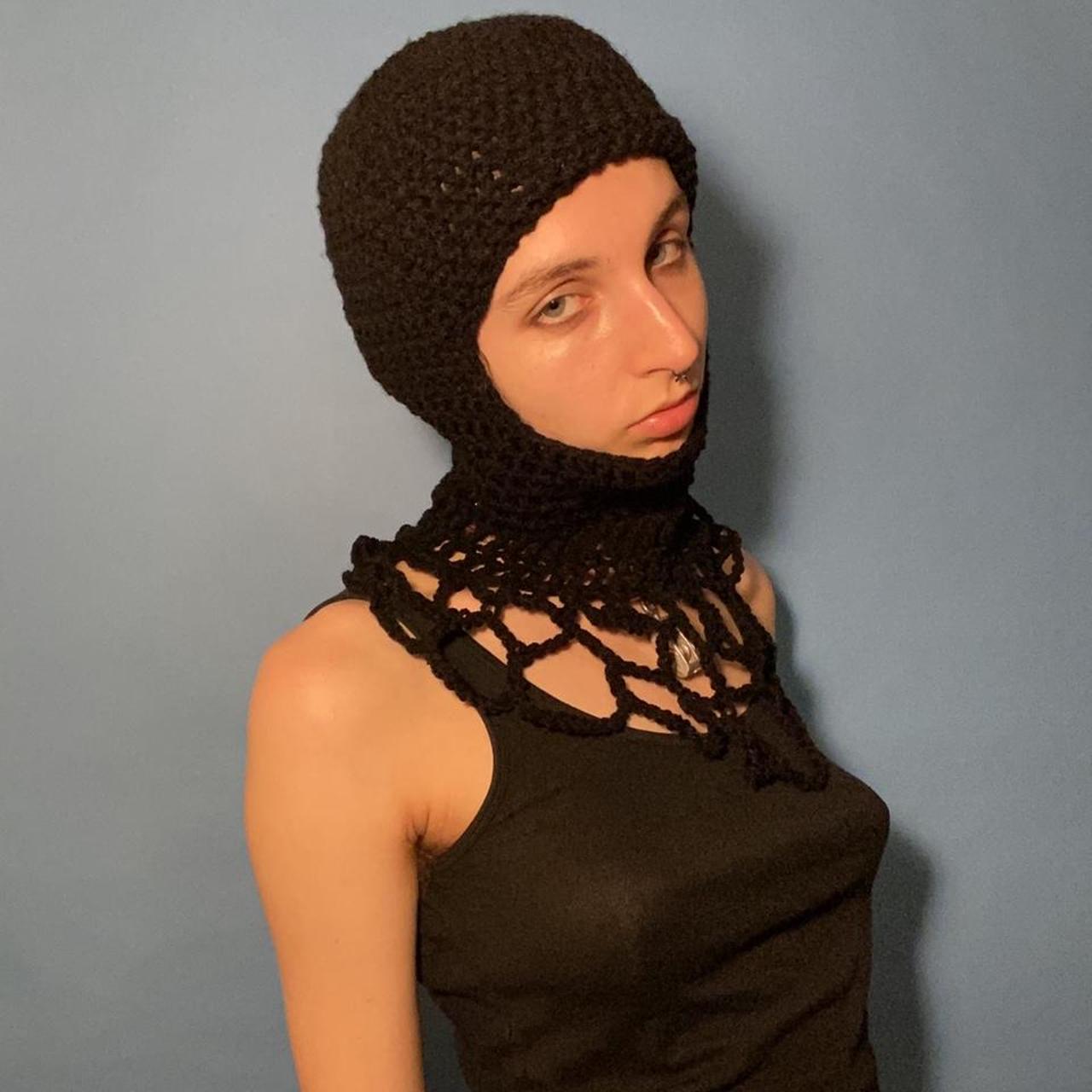 free hand black abstract crochet balaclava one of... - Depop