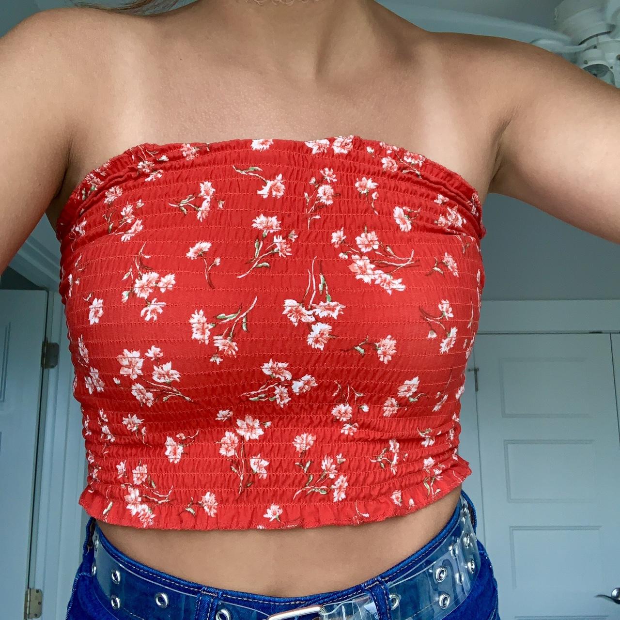 rlly cute red floral tube top :) this tube top stays... - Depop