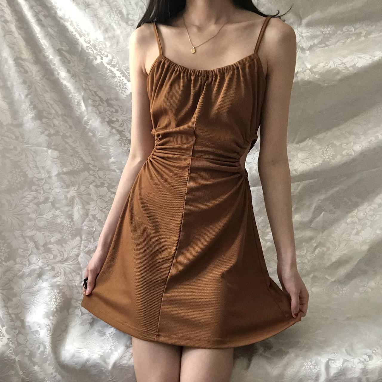 Rust Orange Ribbed Ruched Cut Out Dress Ruching... - Depop