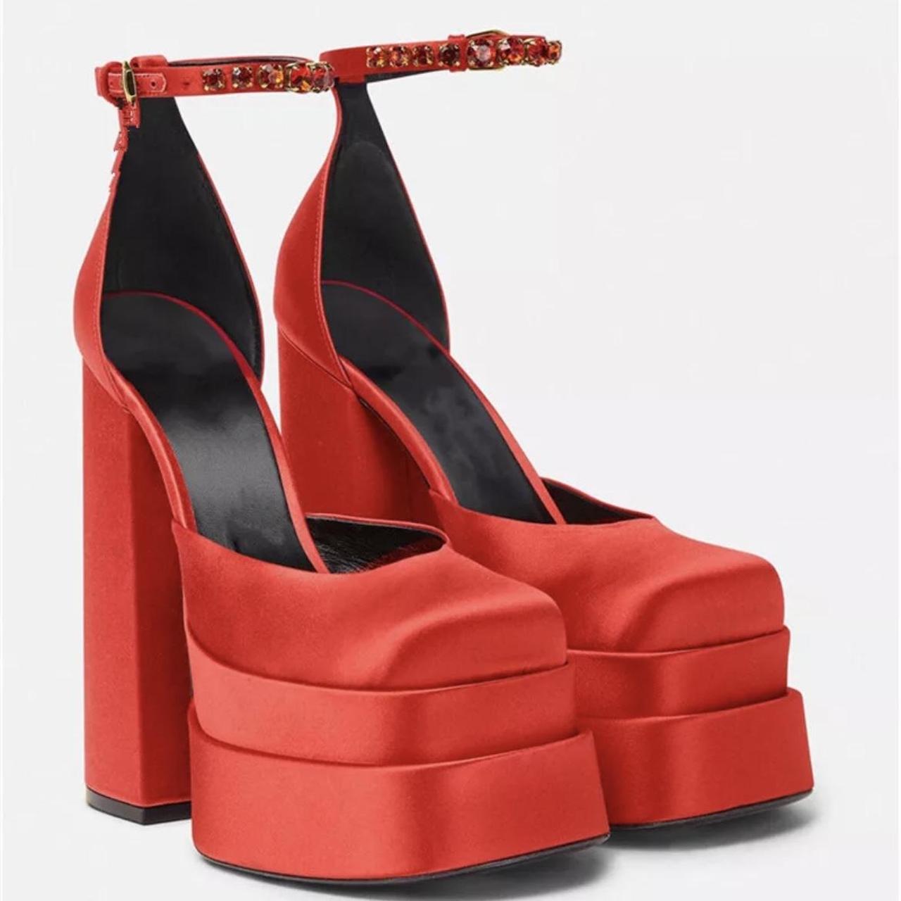 Red satin ‘Medusa’ style platform heels Never worn... - Depop