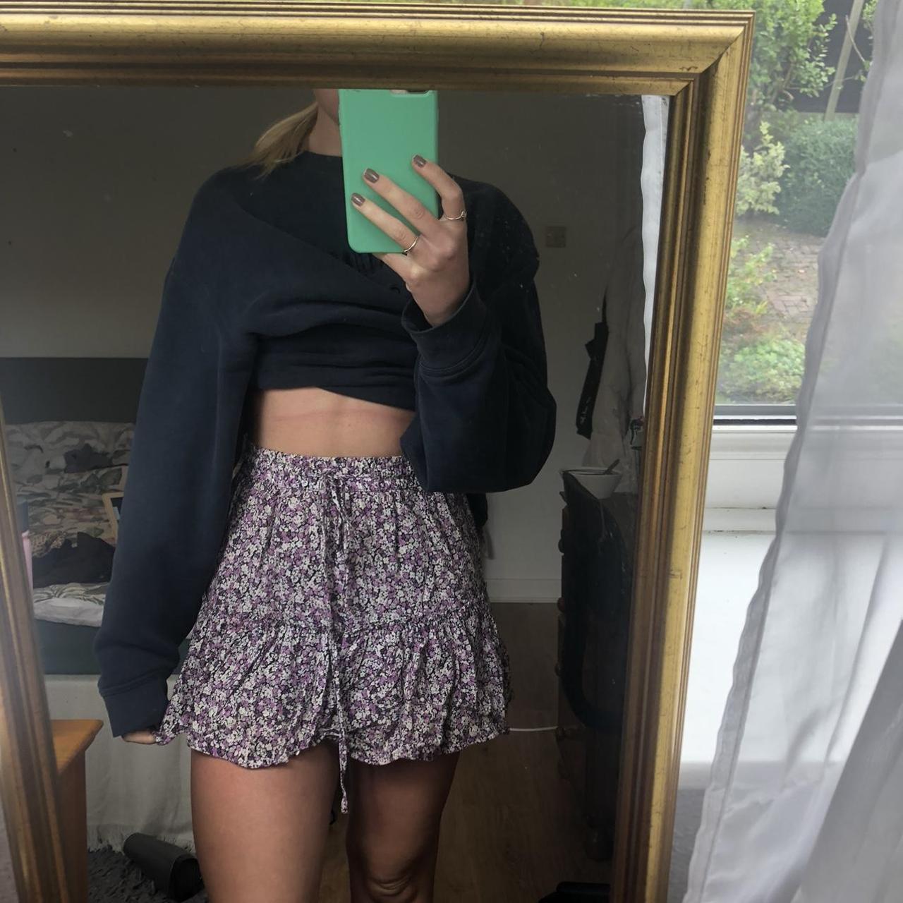 Purple black and white Zara flowery mini skort Worn... - Depop