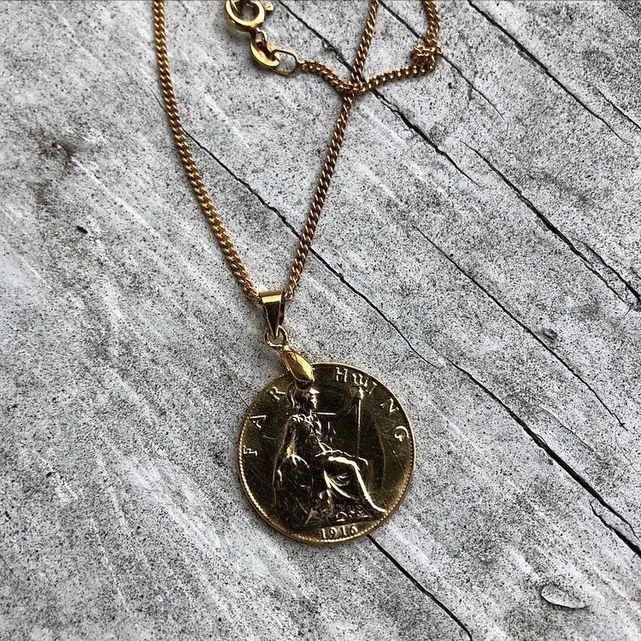 Farthing Coin Pendant 9ct Gold Plated 1.3mm Curb... - Depop