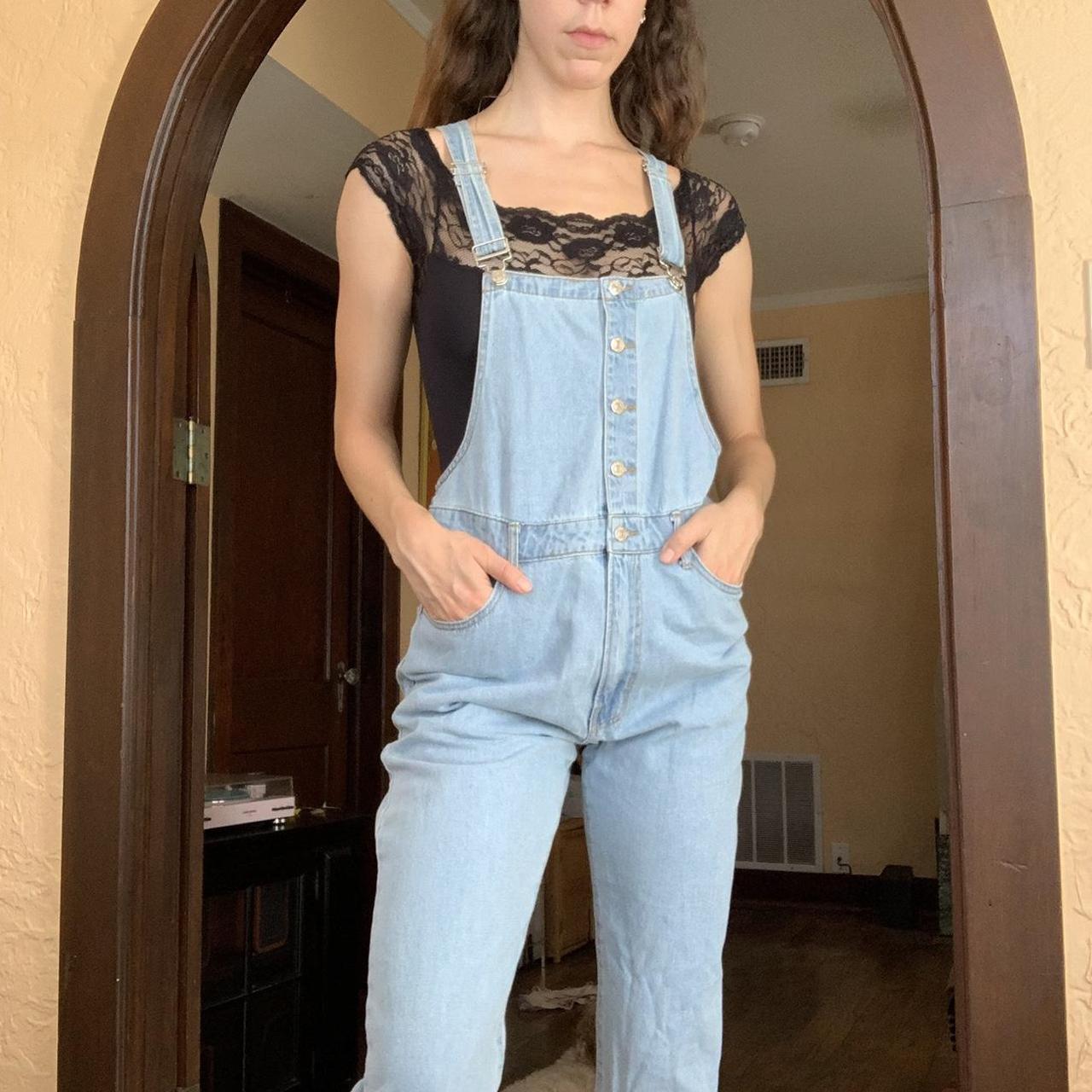 light wash denim overalls brand: forever 21 los... - Depop