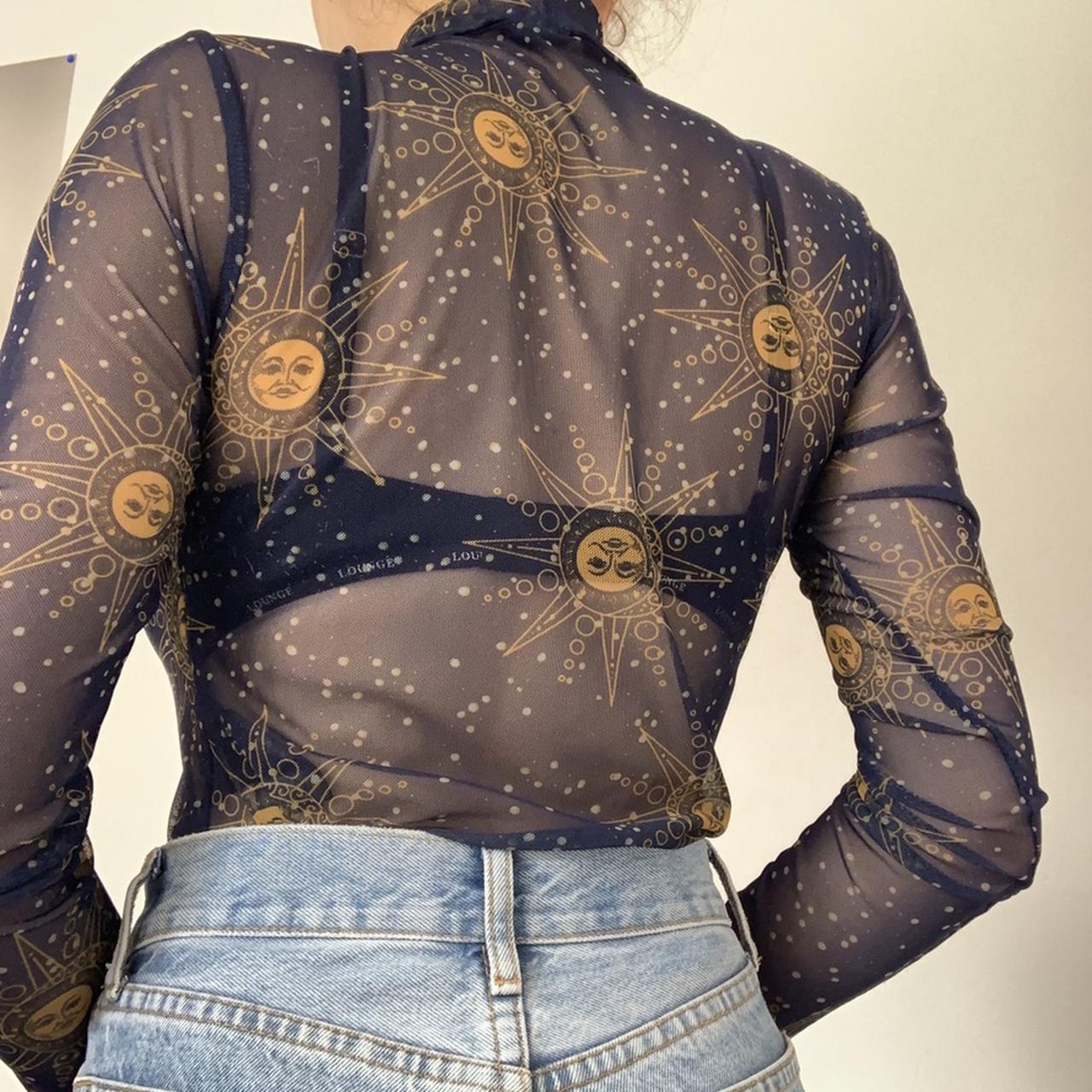 Navy mesh top decorated with star patterns from... - Depop