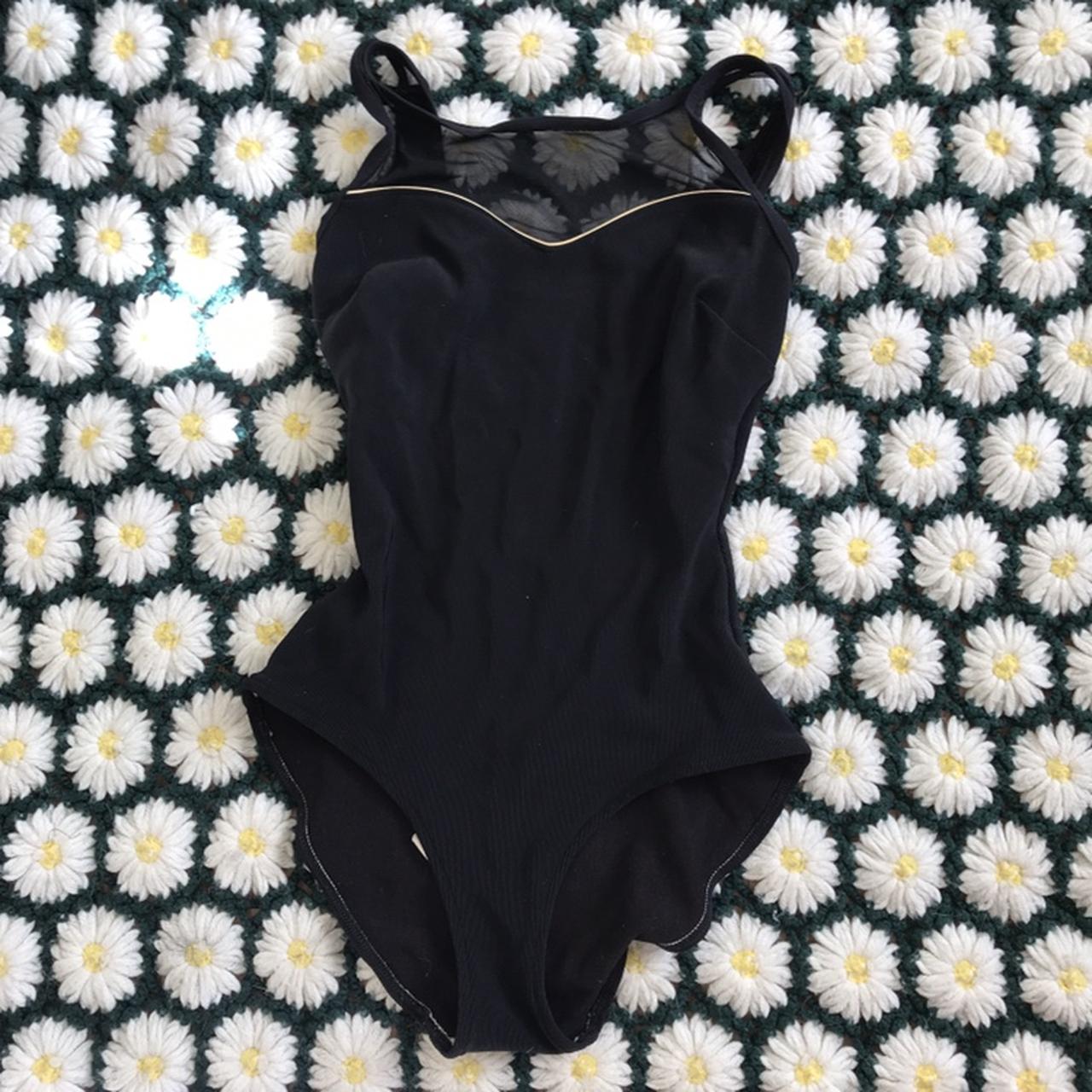 1980’s high neckline black swim suit with sheer mesh... - Depop