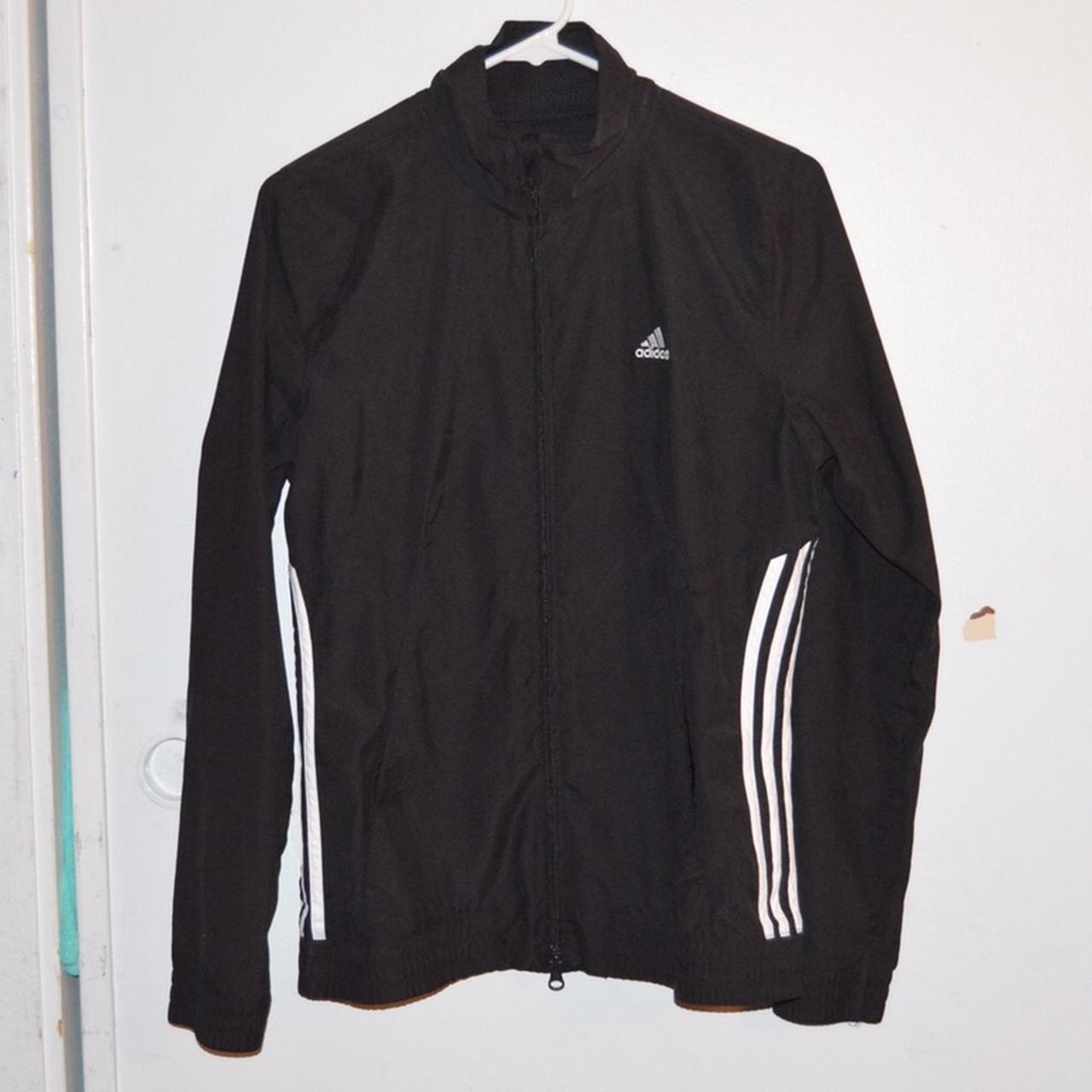 Black Adidas windbreaker jacket w/ white stripes on... - Depop