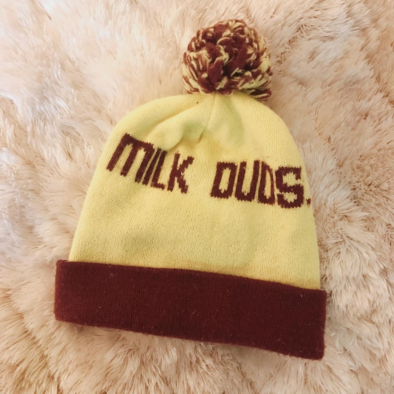 RARE AF “Milk Duds” knit logo beanie hat with Pom... - Depop