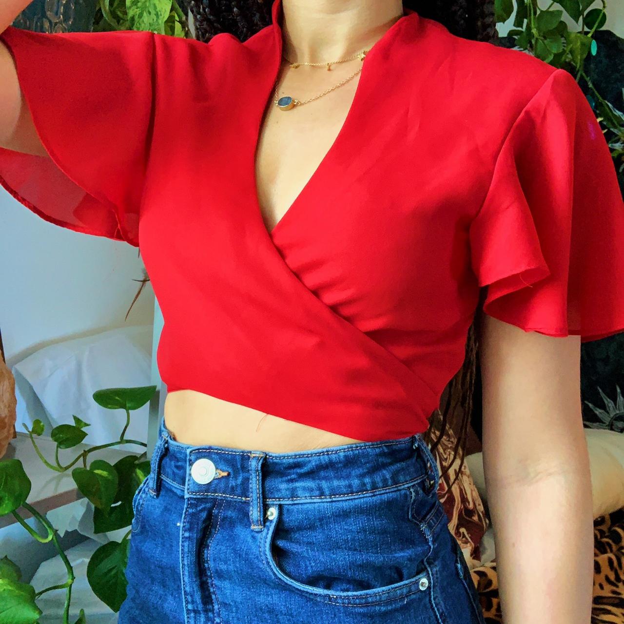 vintage red ruffles sleeve wrap top size small/xsmall - Depop