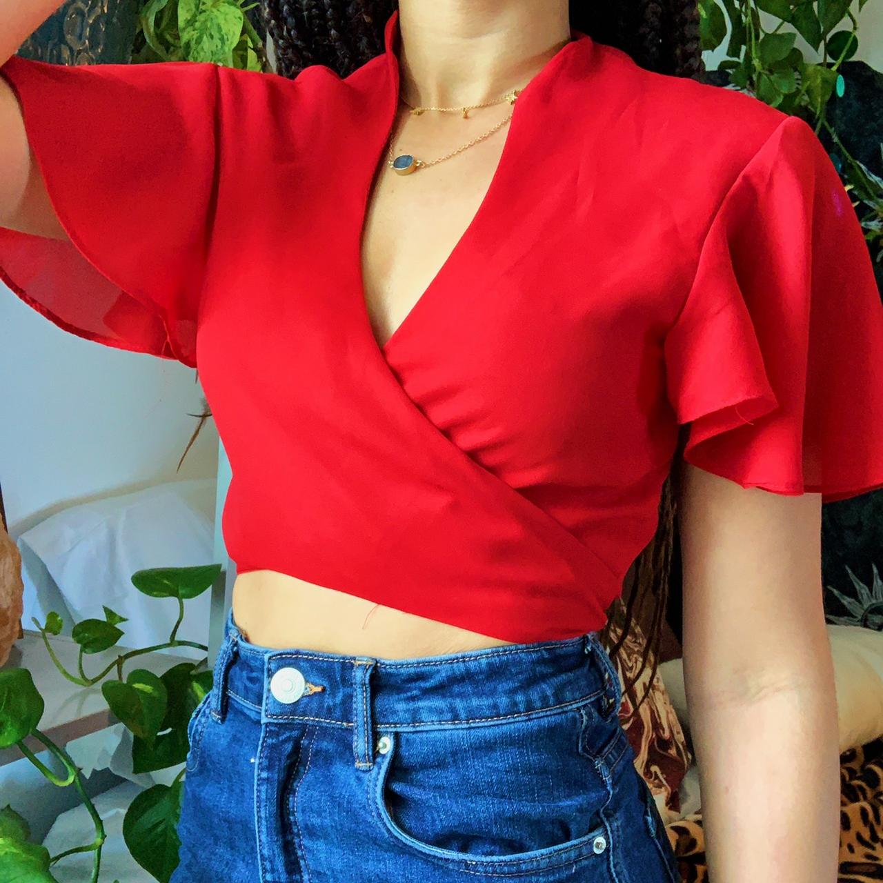 vintage red ruffles sleeve wrap top size small/xsmall - Depop
