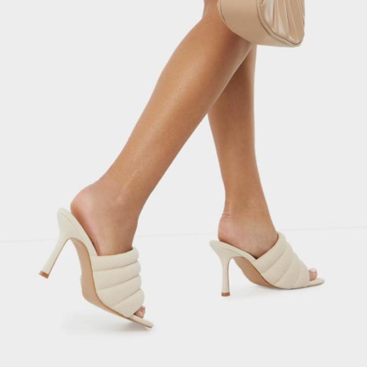 PLT cream tube strap extreme square toe mule heels.... - Depop