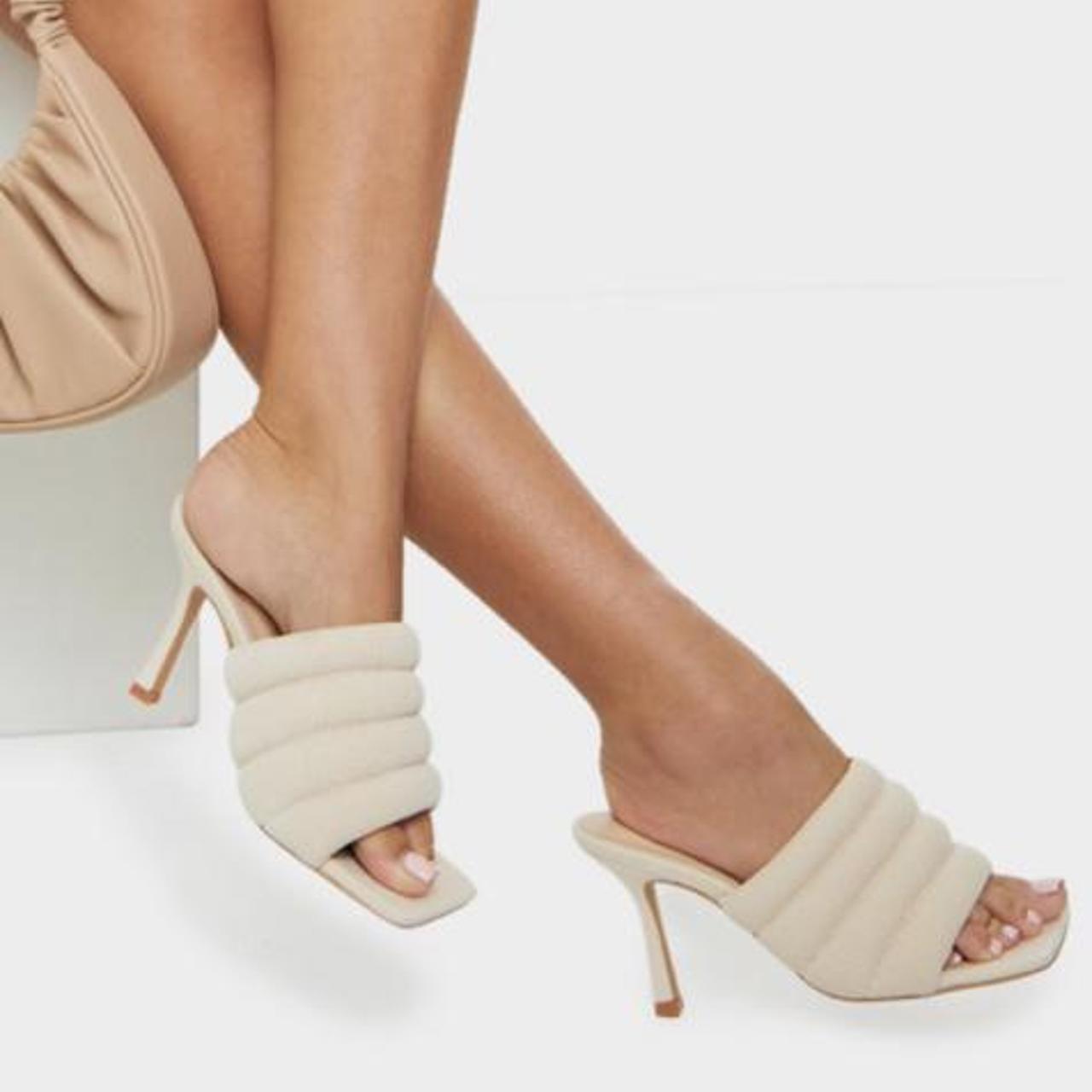 PLT cream tube strap extreme square toe mule heels.... - Depop