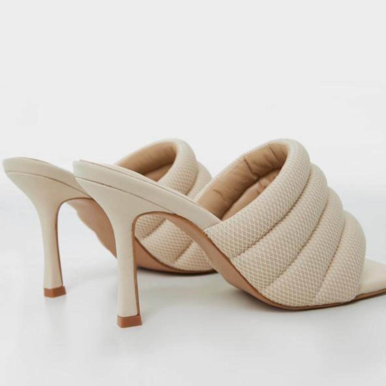 PLT cream tube strap extreme square toe mule heels.... - Depop