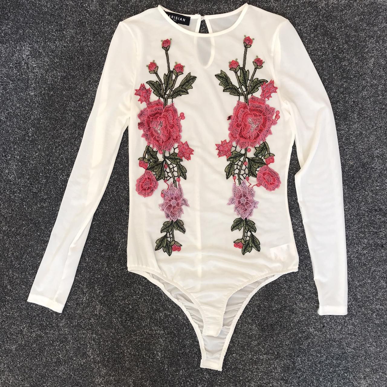 White mesh bodysuit 🦋 pink flower embroidery ... - Depop