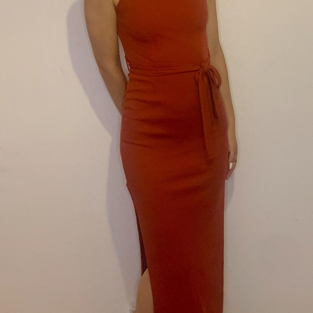 Rust Coloured Bodycon Maxi Dress With Tie Belt Depop