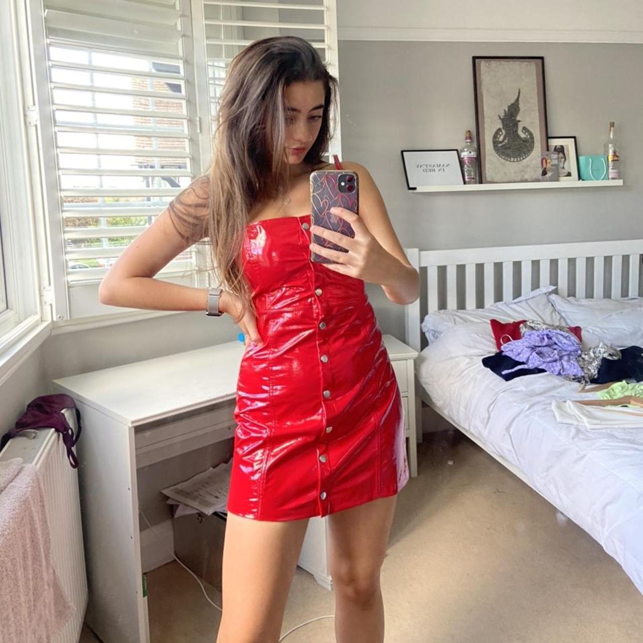 BERSHKA Red Vinyl Dress Hardly worn! Very good... - Depop