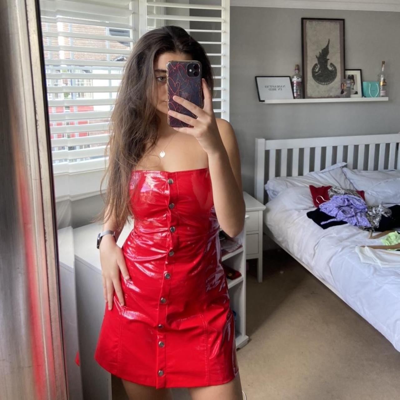 BERSHKA Red Vinyl Dress Hardly worn! Very good... - Depop