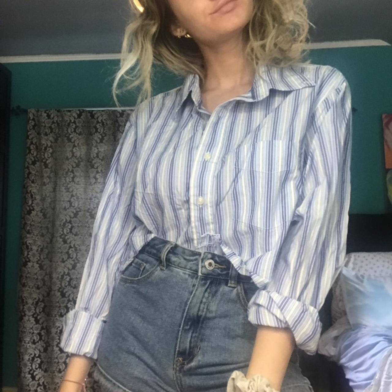 Cropped button down striped work shirt Raw hem, was... - Depop